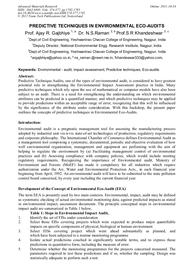 Predictive Techniques in Environmental Eco-Audits | Scientific.Net