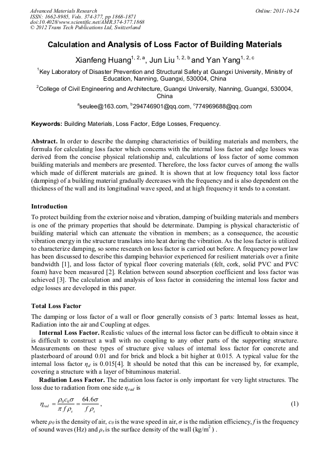 Calculation and Analysis of Loss Factor of Building Materials ...