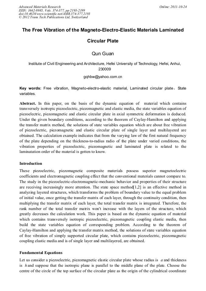 The Free Vibration of the Magneto-Electro-Elastic Materials Laminated ...