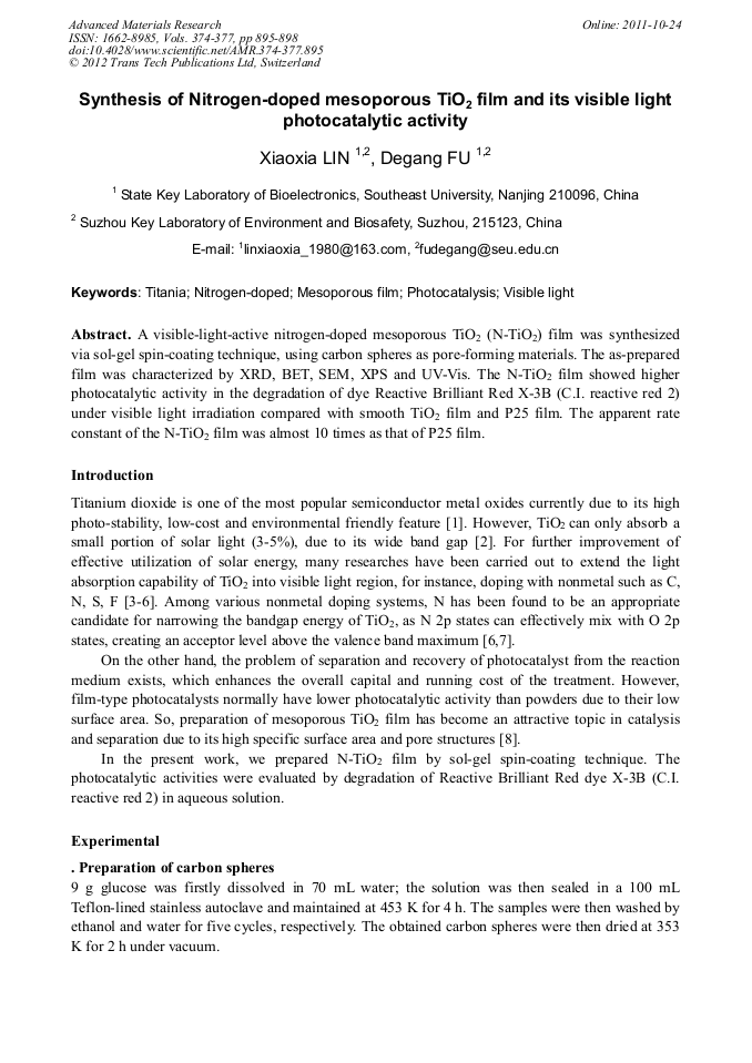 Synthesis of Nitrogen-Doped Mesoporous TiO2 Film and its Visible Light ...