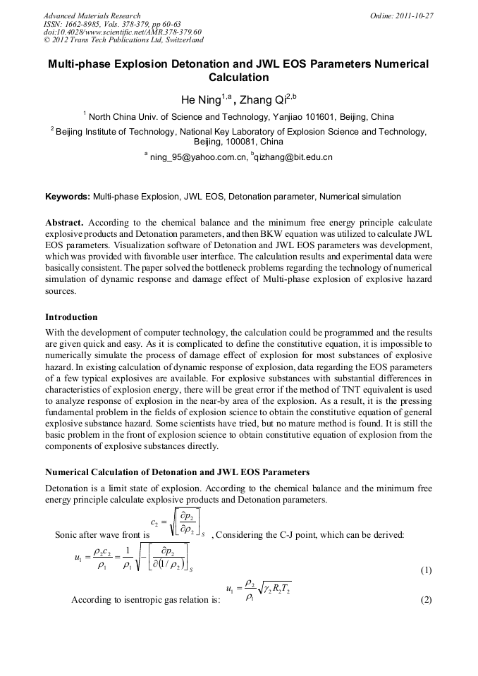Multi-Phase Explosion Detonation and JWL EOS Parameters Numerical Calculation | Scientific.Net