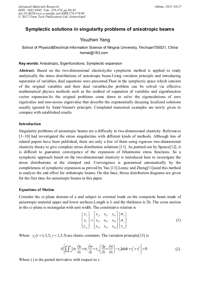 Symplectic Solutions in Singularity Problems of Anisotropic Beams ...