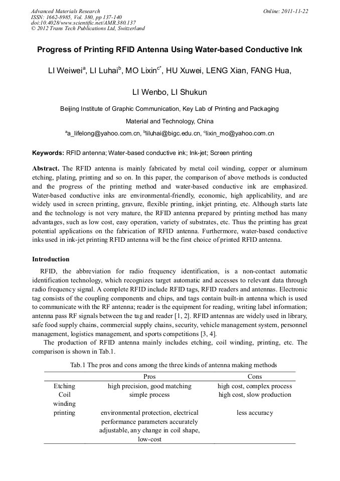 Progress of Printing RFID Antenna Using Water-Based Conductive Ink ...
