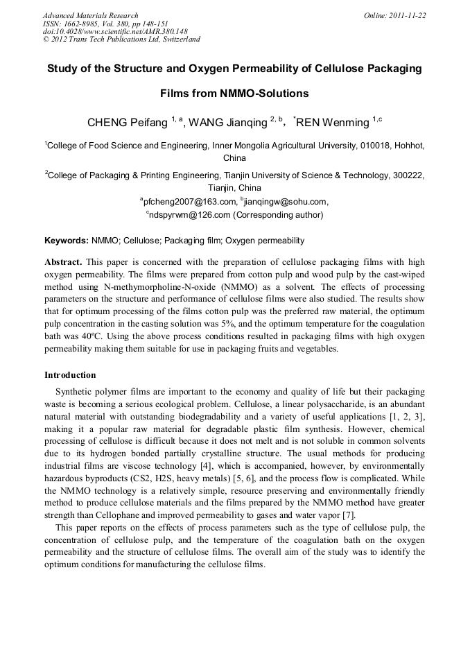 Study of the Structure and Oxygen Permeability of Cellulose Packaging ...
