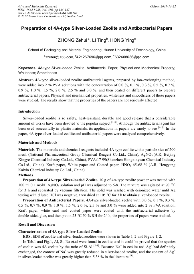 Preparation of 4A-Type Silver-Loaded Zeolite and Antibacterial Papers ...