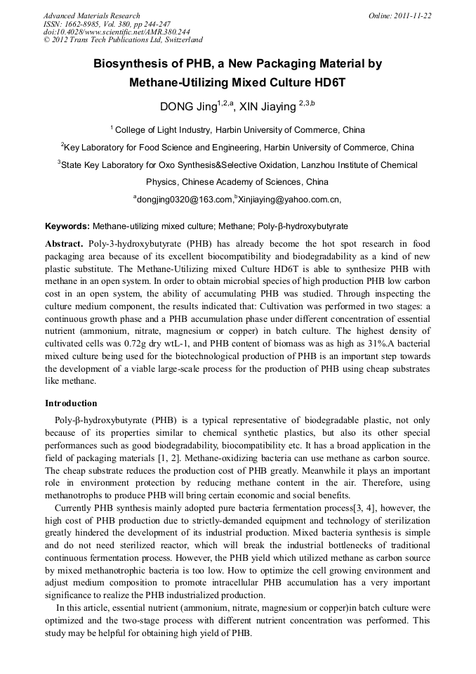 Biosynthesis of PHB, a New Packaging Material by Methane-Utilizing ...