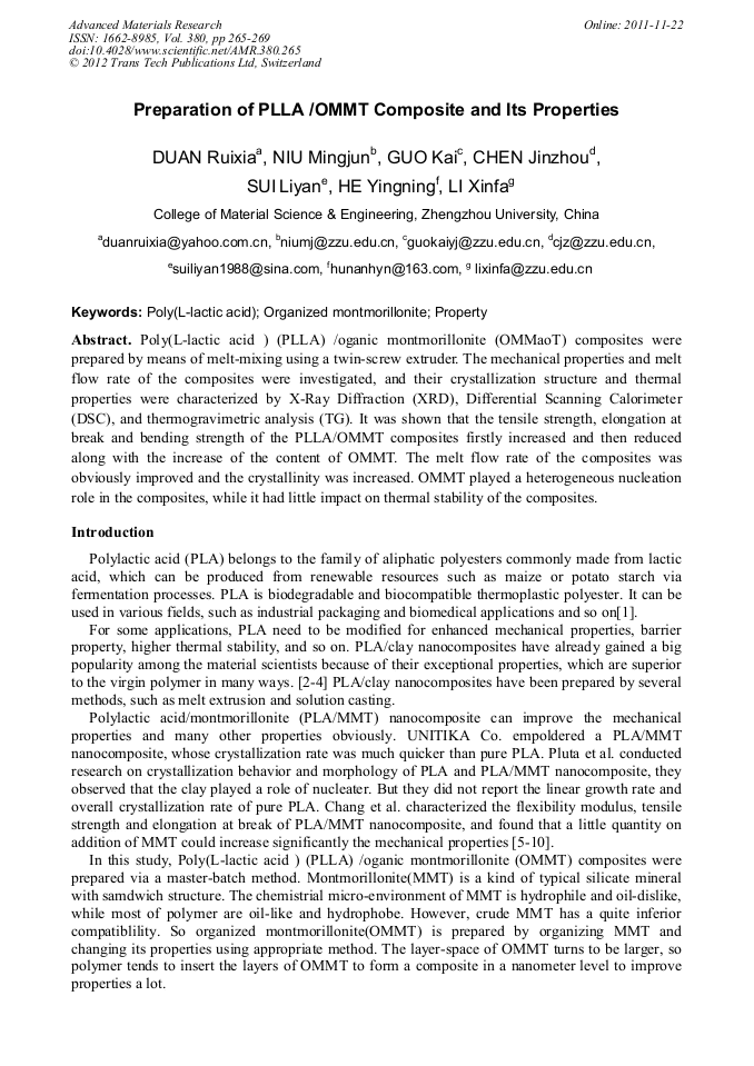 Preparation of PLLA/OMMT Composite and its Properties | Scientific.Net