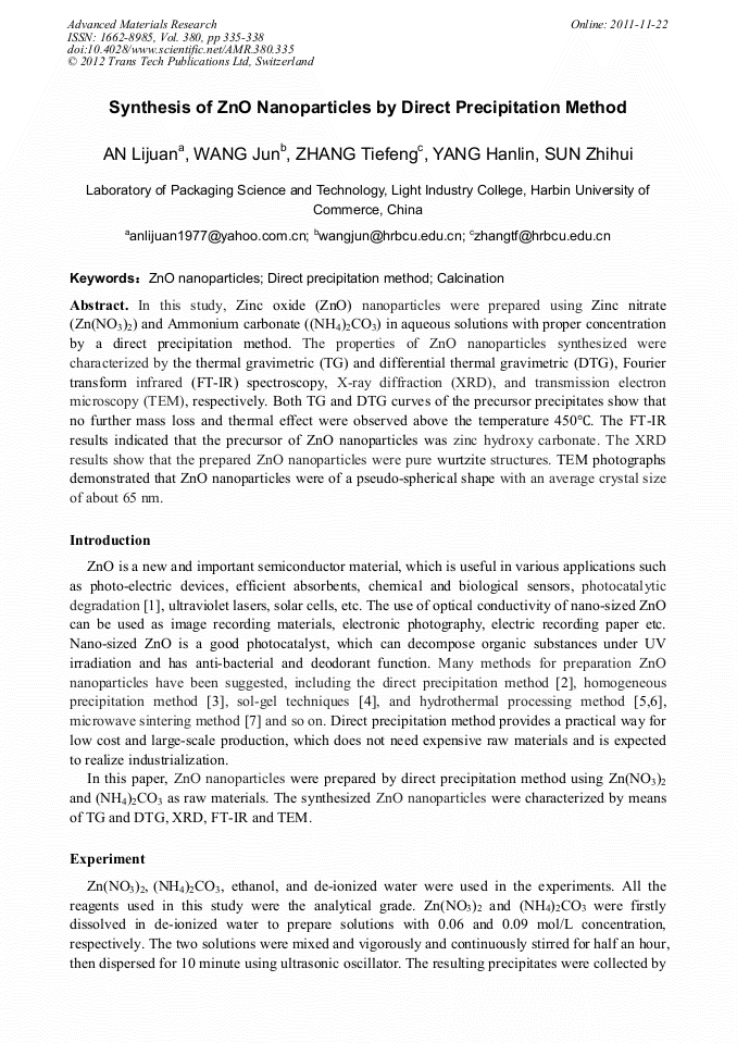 Synthesis of ZnO Nanoparticles by Direct Precipitation Method ...