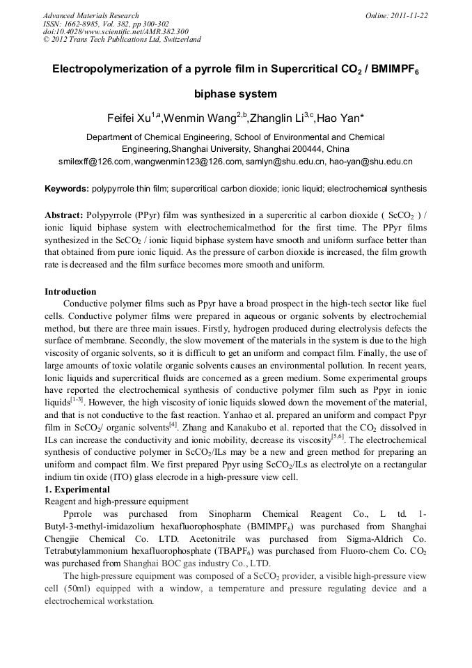 Electropolymerization of a Pyrrole Film in Supercritical CO2/BMIMPF6 ...