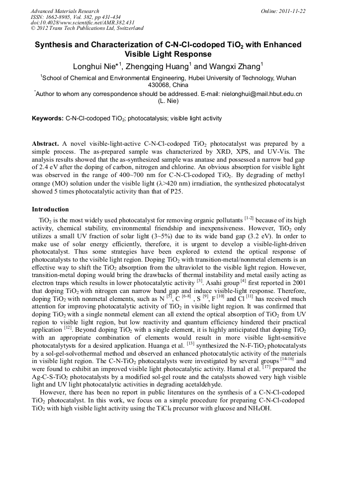 Synthesis and Characterization of C-N-Cl-Codoped TiO2 with Enhanced ...