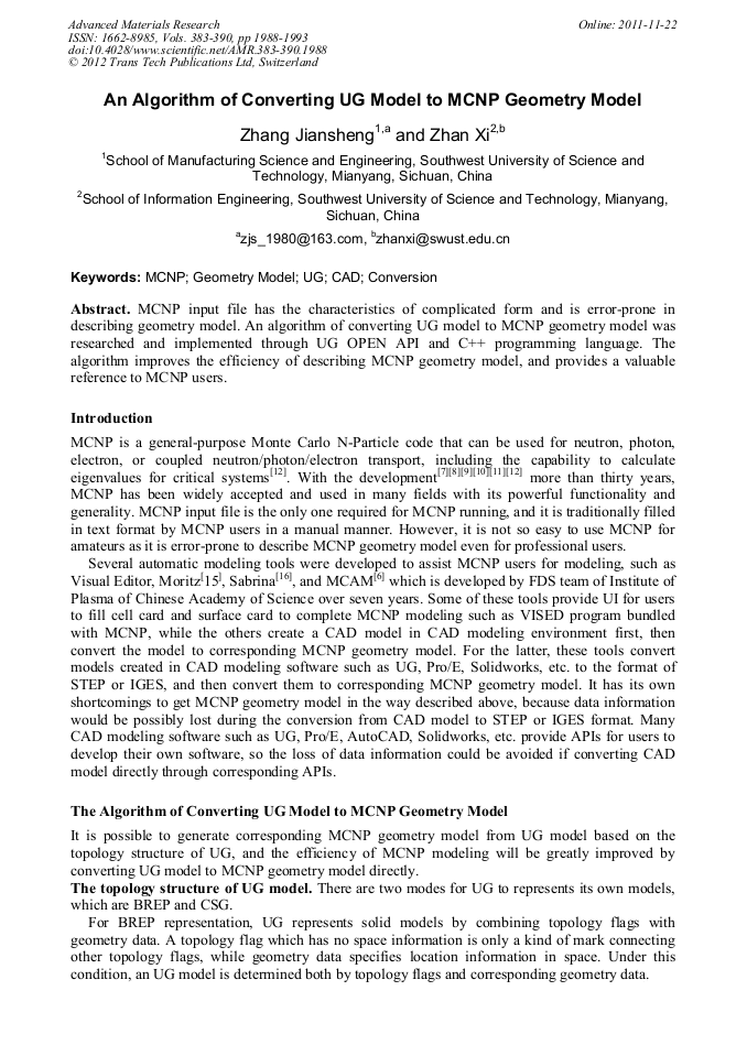 An Algorithm of Converting UG Model to MCNP Geometry Model | Scientific.Net