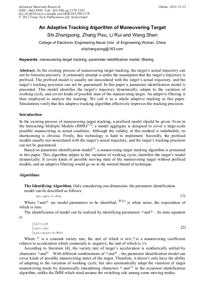 An Adaptive Tracking Algorithm of Maneuvering Target | Scientific.Net