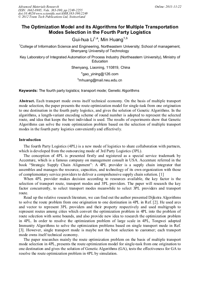 The Optimization Model And Its Algorithms For Multiple Transportation Modes Selection In The