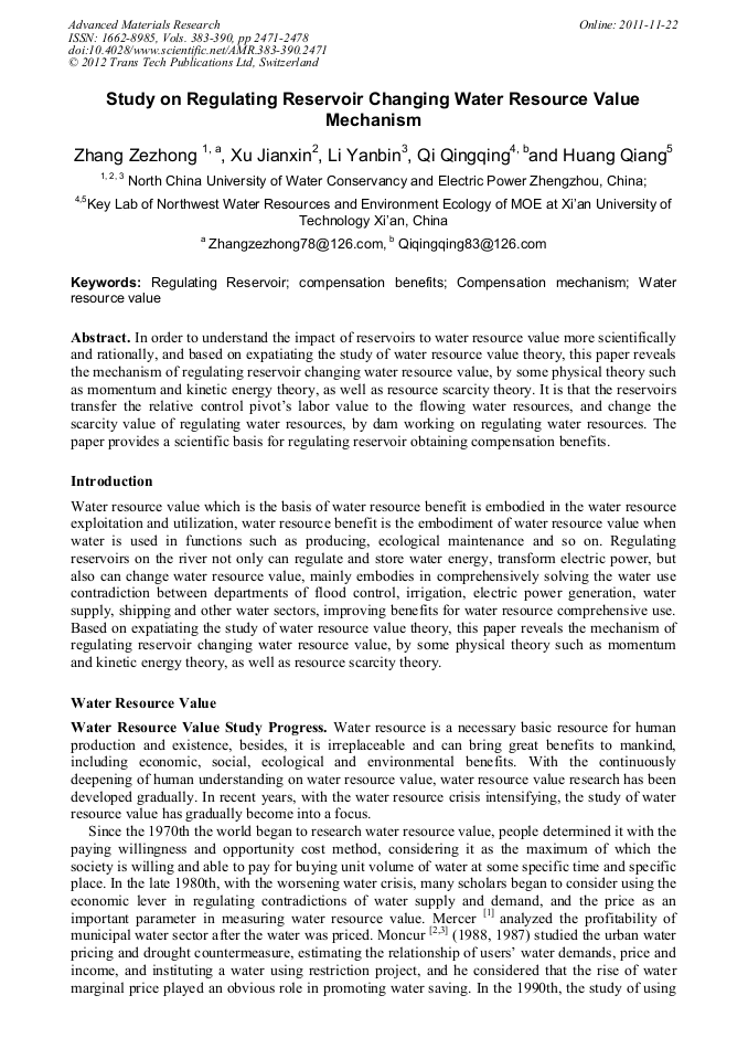 Study on Regulating Reservoir Changing Water Resource Value Mechanism ...