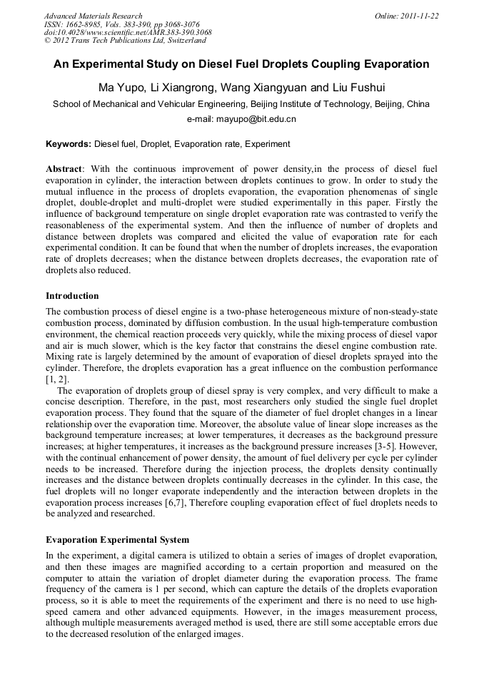 An Experimental Study on Diesel Fuel Droplets Coupling Evaporation ...
