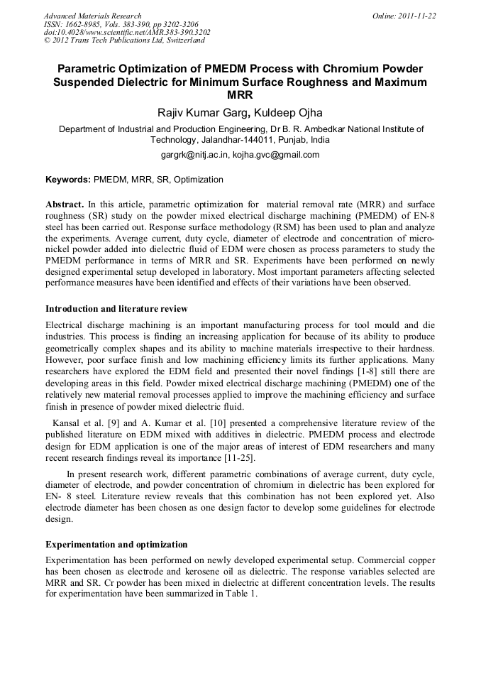Parametric Optimization of PMEDM Process with Chromium Powder Suspended ...