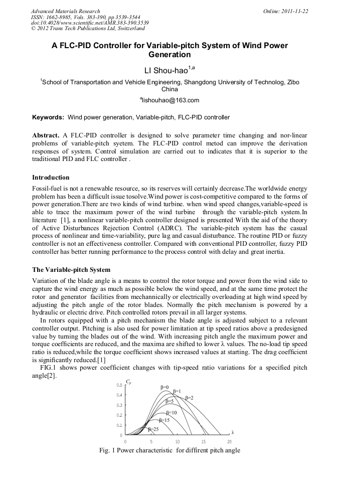A FLC-PID Controller for Variable-Pitch System of Wind Power Generation | Scientific.Net