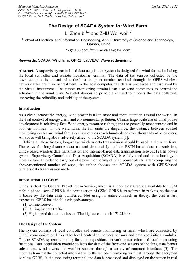 The Design of SCADA System for Wind Farm | Scientific.Net