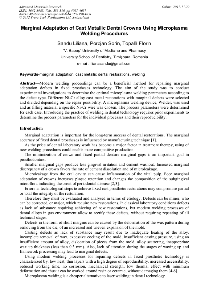 Marginal Adaptation of Cast Metallic Dental Crowns Using Microplasma ...