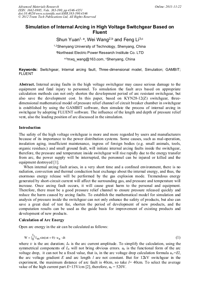 Simulation of Internal Arcing in High Voltage Switchgear Based on ...