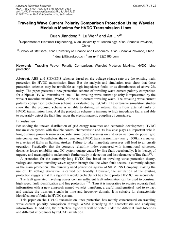 Traveling Wave Current Polarity Comparison Protection Using Wavelet ...