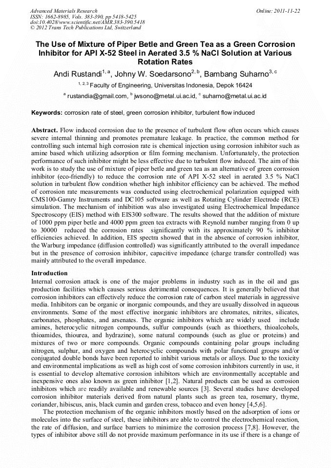 The Use of Mixture of Piper Betle and Green Tea as a Green Corrosion ...