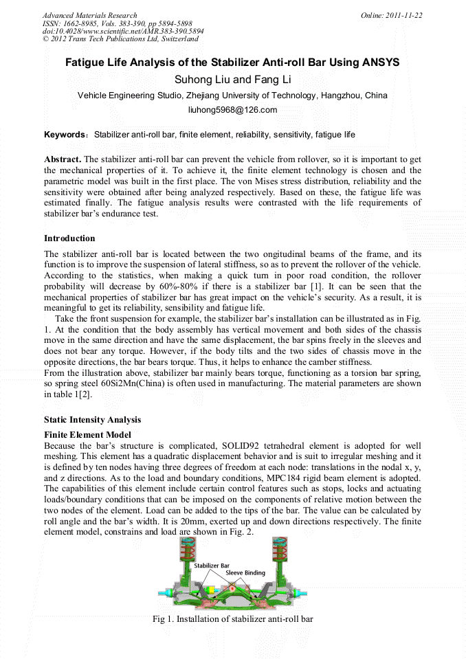 Fatigue Life Analysis of the Stabilizer Anti-Roll Bar Using ANSYS ...