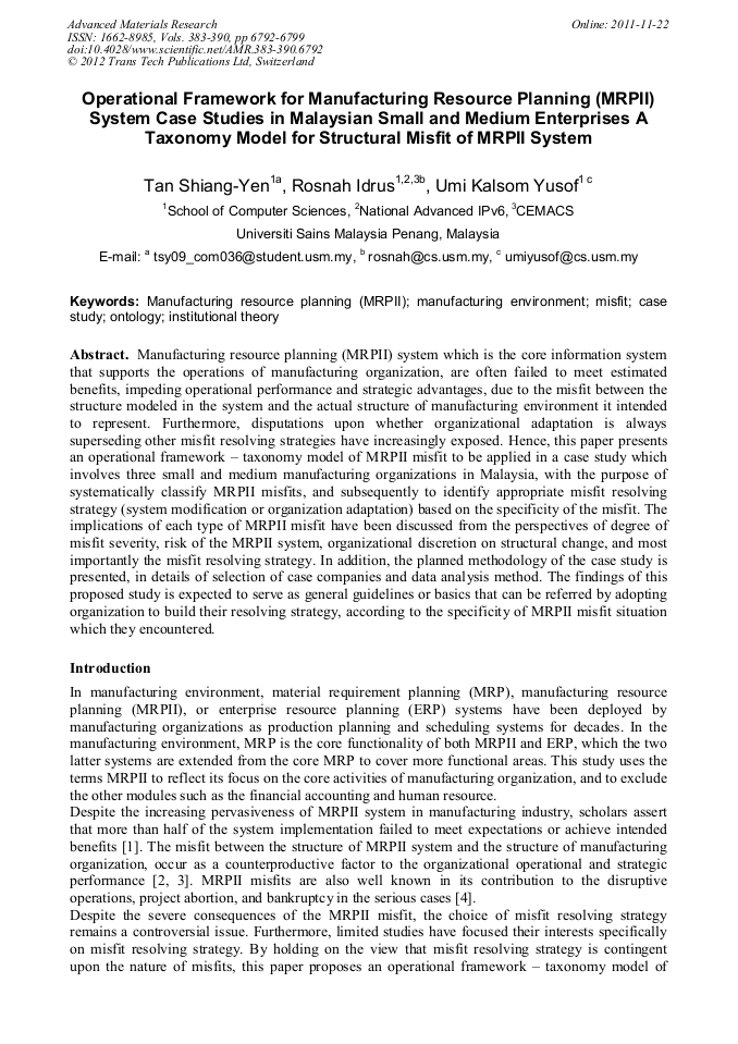 Operational Framework for Manufacturing Resource Planning (MRPII ...
