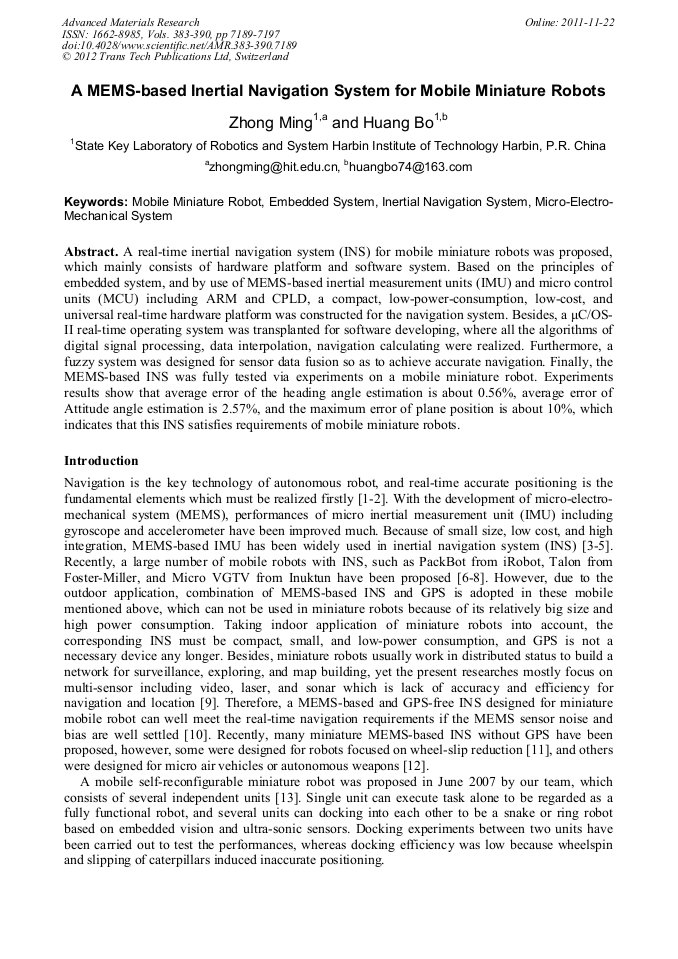 A MEMS-Based Inertial Navigation System for Mobile Miniature Robots ...