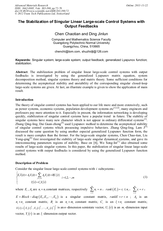 The Stabilization of Singular Linear Large-Scale Control Systems with Output Feedbacks ...