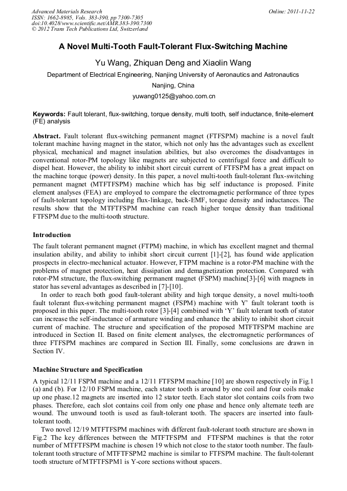 A Novel Multi-Tooth Fault-Tolerant Flux-Switching Machine | Scientific.Net