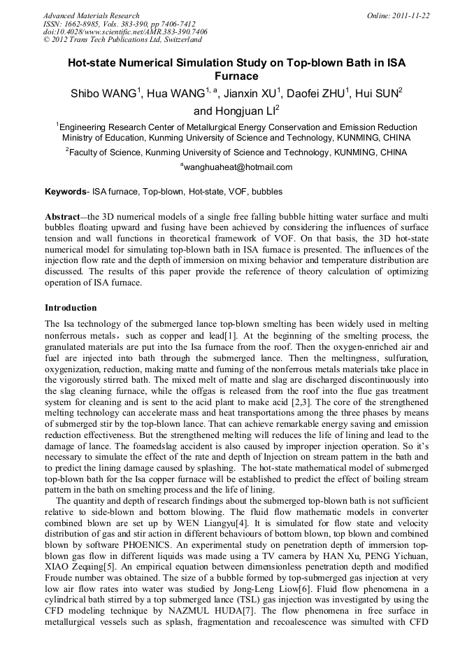 Hot-State Numerical Simulation Study on Top-Blown Bath in ISA Furnace ...
