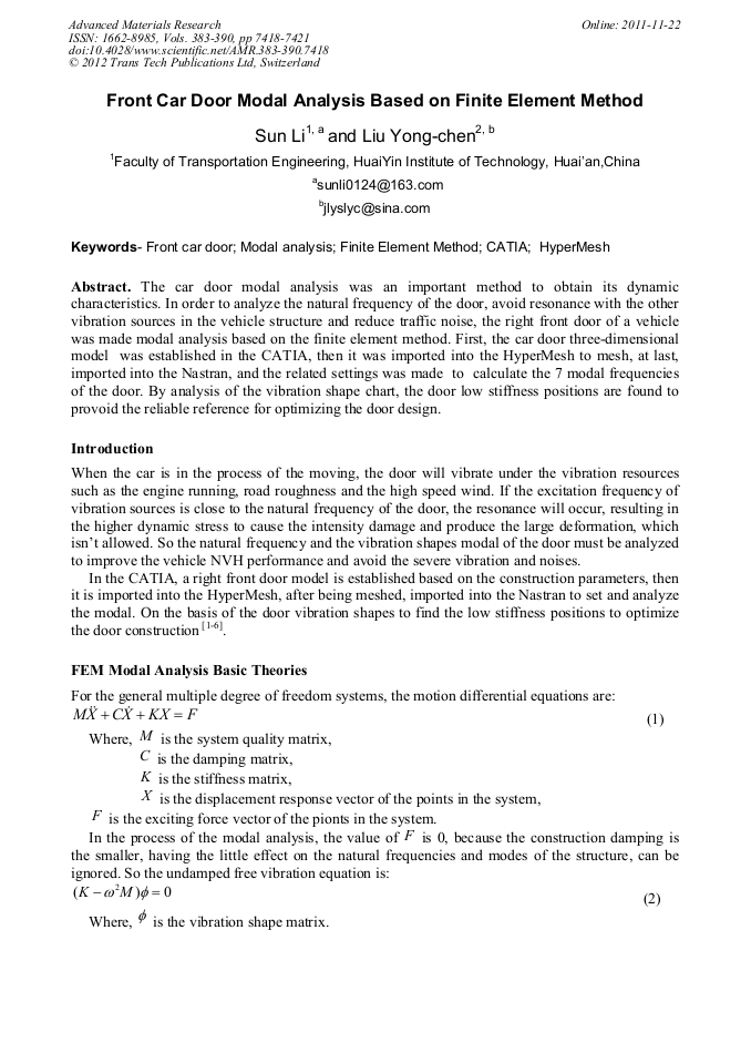 Front Car Door Modal Analysis Based on Finite Element Method ...
