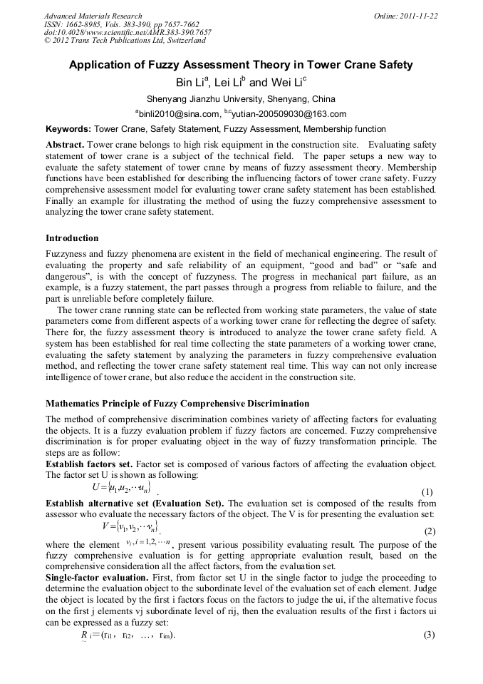 Application of Fuzzy Assessment Theory in Tower Crane Safety ...