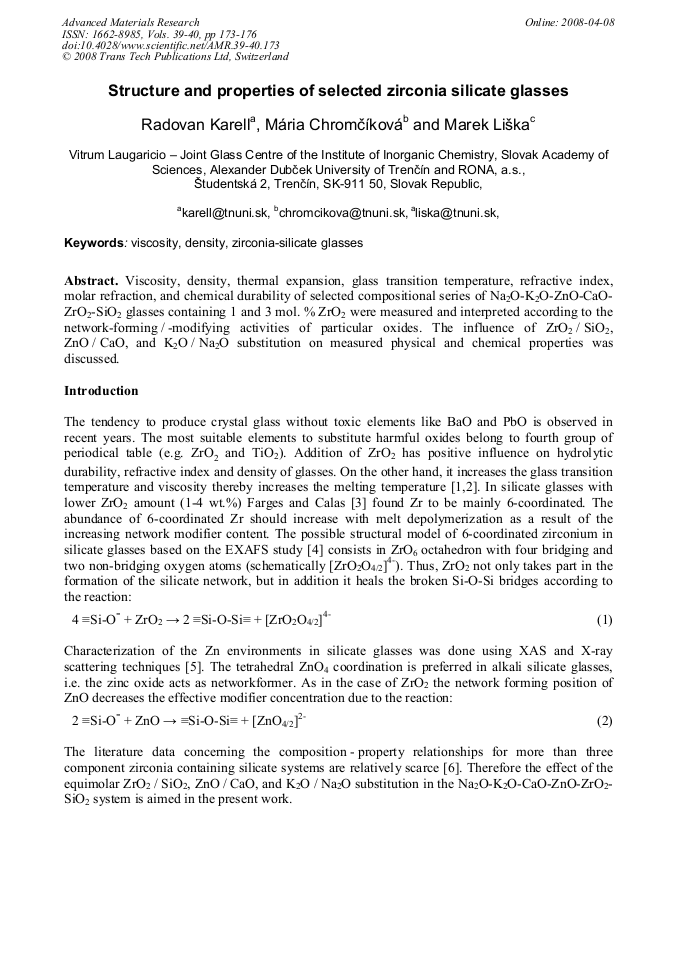 Structure and Properties of Selected Zirconia Silicate Glasses ...