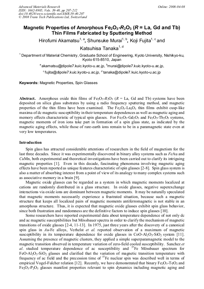Magnetic Properties of Amorphous Fe2O3-R2O3 (R=La, Gd and Tb) Thin ...
