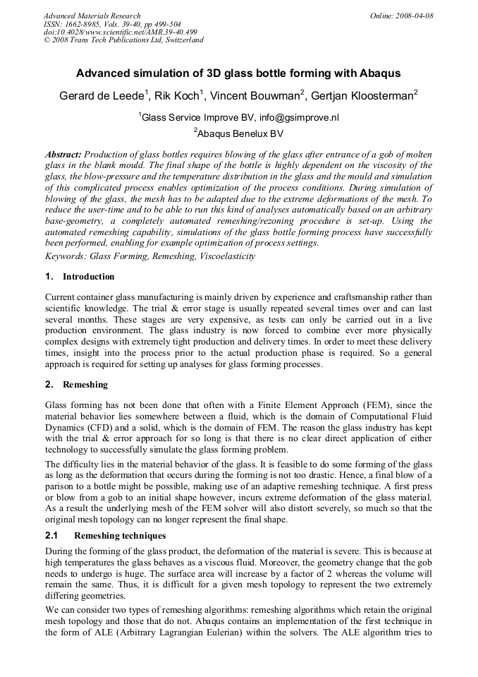 Advanced Simulation of 3D Glass Bottle Forming with Abaqus | Scientific.Net