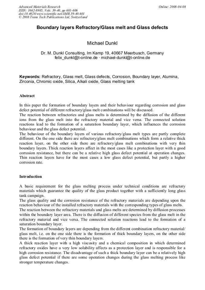 Boundary Layers Refractory/Glass Melt and Glass Defects | Scientific.Net