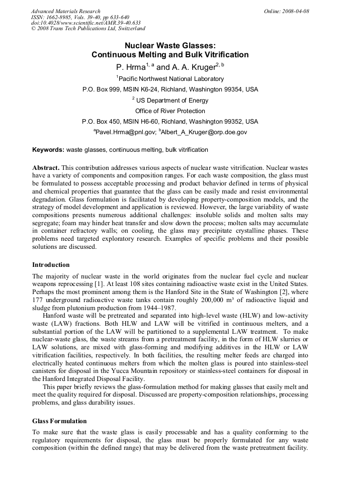 Nuclear Waste Glasses: Continuous Melting and Bulk Vitrification ...