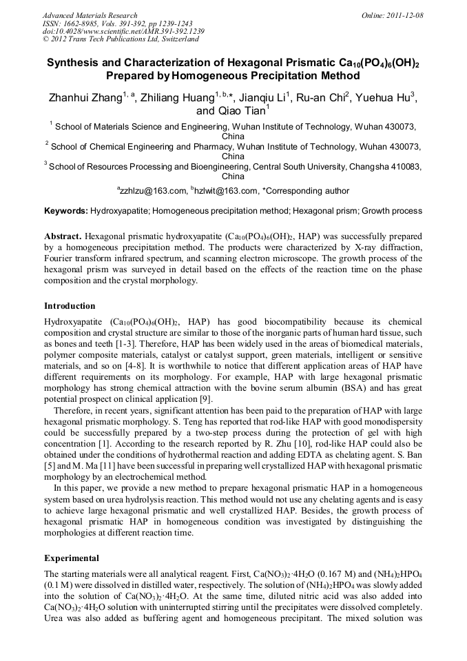 Synthesis and Characterization of Hexagonal Prismatic Ca10(PO4)6(OH)2 ...