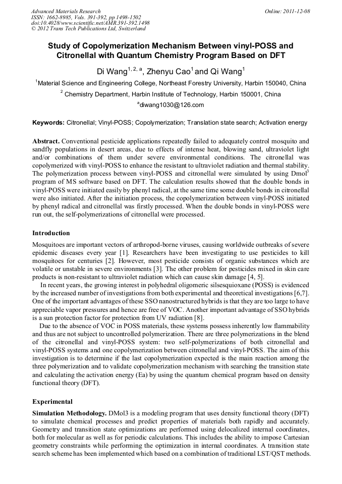 Study of Copolymerization Mechanism between Vinyl-POSS and Citronellal ...