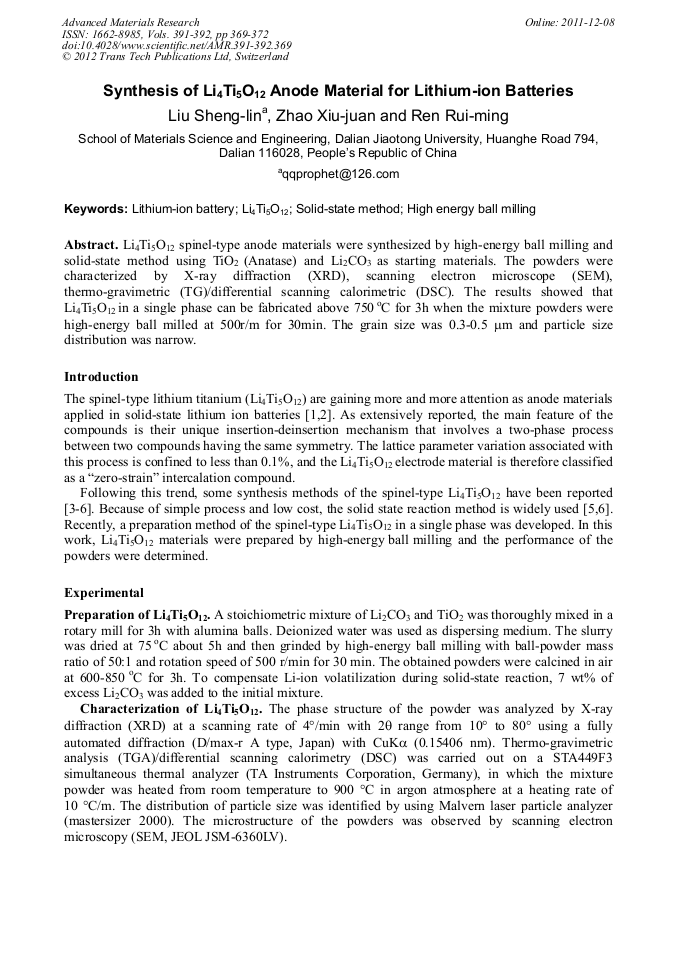 Synthesis of Li4Ti5O12 Anode Material for Lithium-Ion Batteries ...