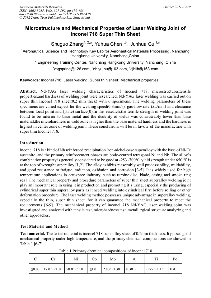 Microstructure and Mechanical Properties of Laser Welding Joint of ...