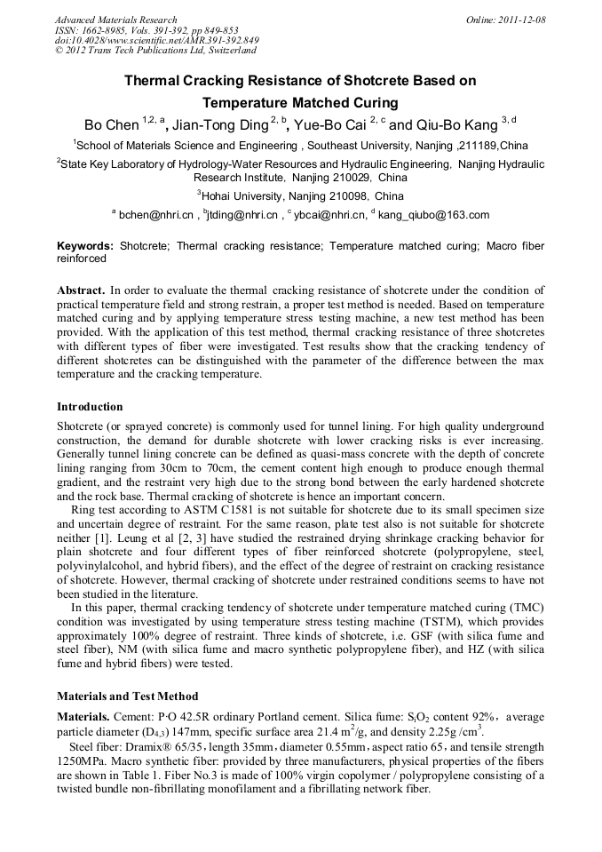 Thermal Cracking Resistance of Shotcrete Based on Temperature Matched ...