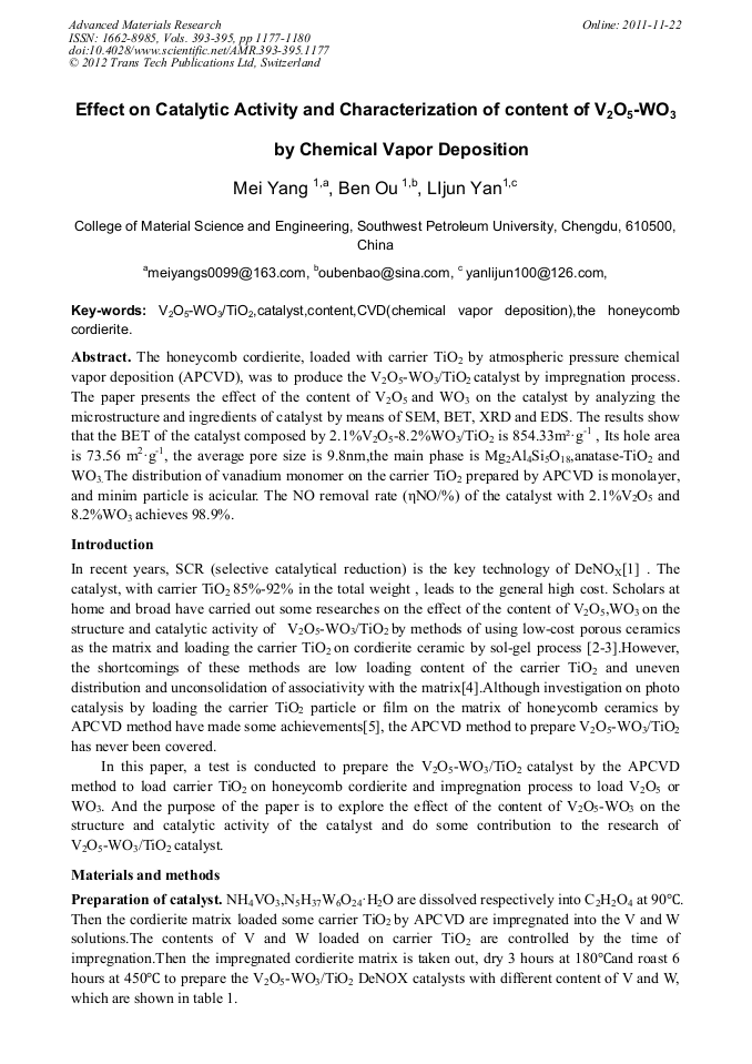 Effect on Catalytic Activity and Characterization of Content of V2O5 ...