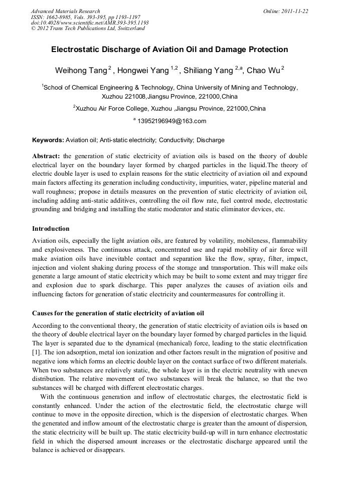 Electrostatic Discharge of Aviation Oil and Damage Protection ...