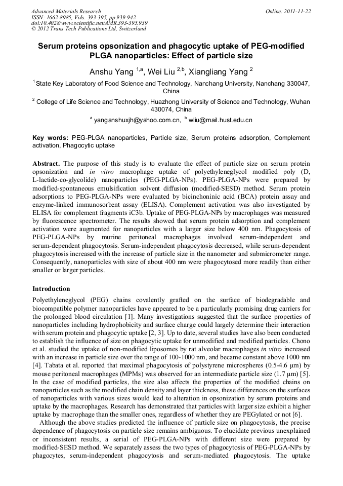 Serum Proteins Opsonization and Phagocytic Uptake of PEG-Modified PLGA ...