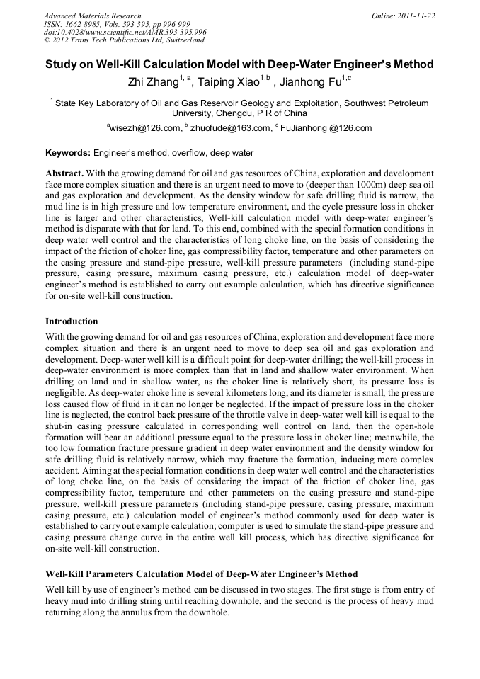 Study on Well-Kill Calculation Model with Deep-Water Engineer’s Method ...