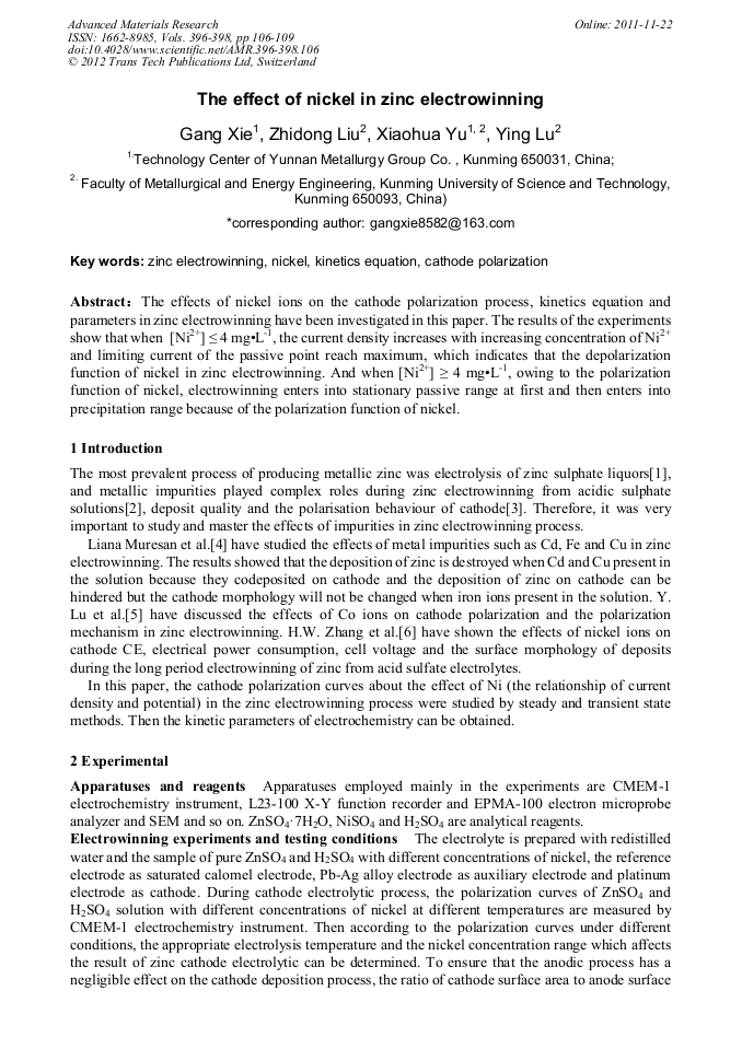 The Effect of Nickel in Zinc Electrowinning | Scientific.Net