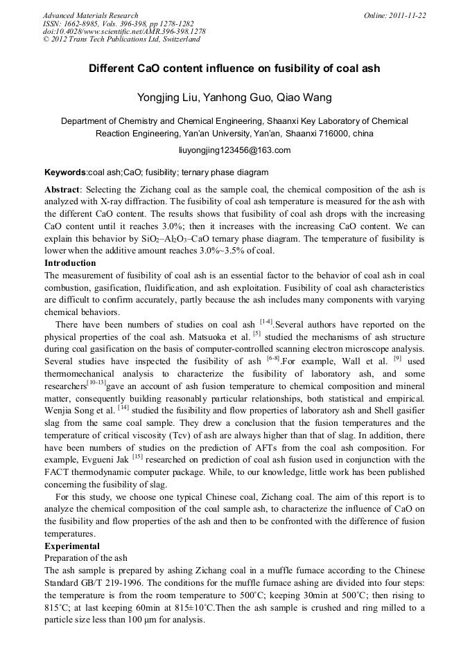 Different CaO Content Influence on Fusibility of Coal Ash | Scientific.Net